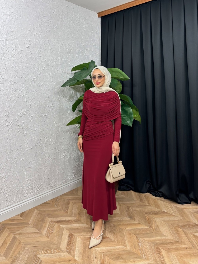 Bloos Büzgü Detaylı Buzy Elbise Bordo Modelleri En Uygun Fiyatlarla