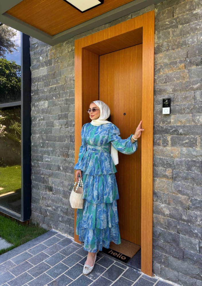 Eliora Katlı Fırfırlı Desenli Şifon Elbise Mavi Modelleri En Uygun ...