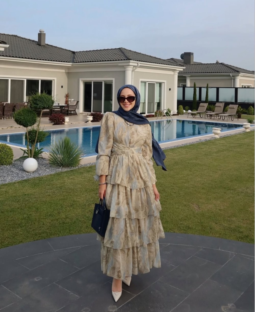 Eliora Katlı Fırfırlı Desenli Şifon Elbise Yeşil Modelleri En Uygun ...